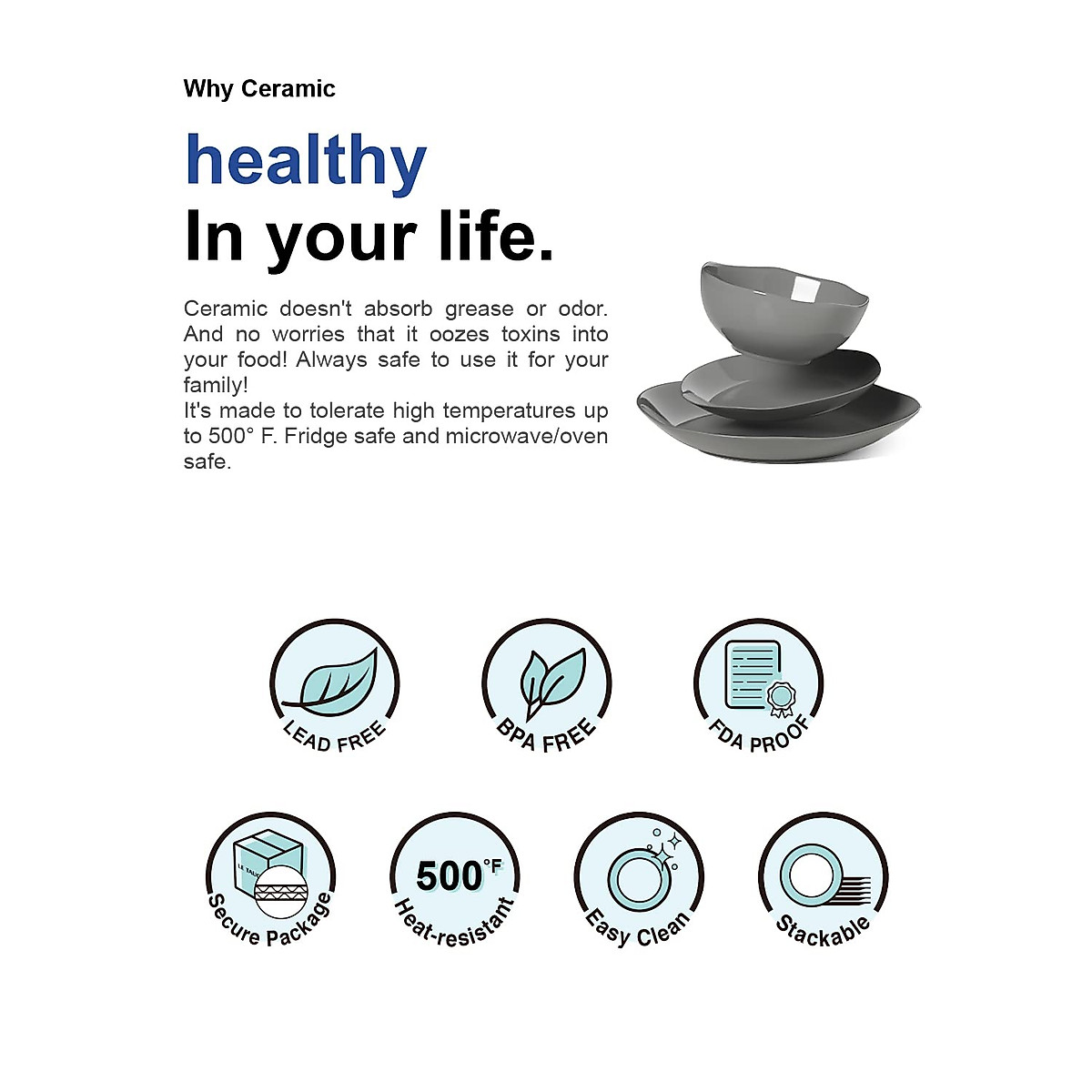 LE TAUCI Dinnerware Sets 12 Piece, Serve for 4, Ceramic Plates and Bowls Set (10" Dinner Plates + 8" Salad Dish + 22 oz Bowl) x 4, Suit For House Warming Wedding, Dishwasher Microwave Oven safe - Grey