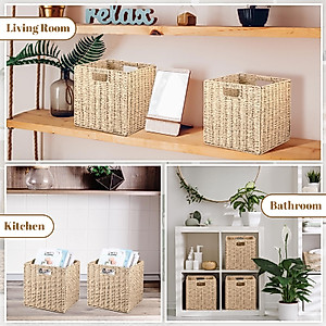 Vesici 12 Pcs Wicker Baskets Storage 11 Inch Wicker Baskets for Cube Rattan Storage Baskets Foldable Large Woven Wicker Basket with Handles for Organizer Shelves Pantry Living Room (Beige)