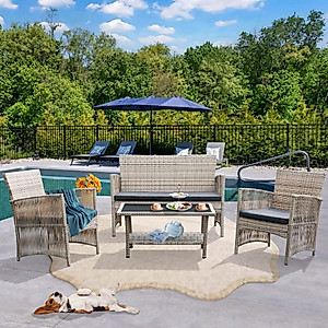 FULLJOJOR 4 Piece Patio Furniture Set, Rattan Chairs with Coffee Table, Wicker Loveseat Outdoor Furniture, Small Patio Conversation Sets for Balcony Porch Garden Pool, Beige/Gray