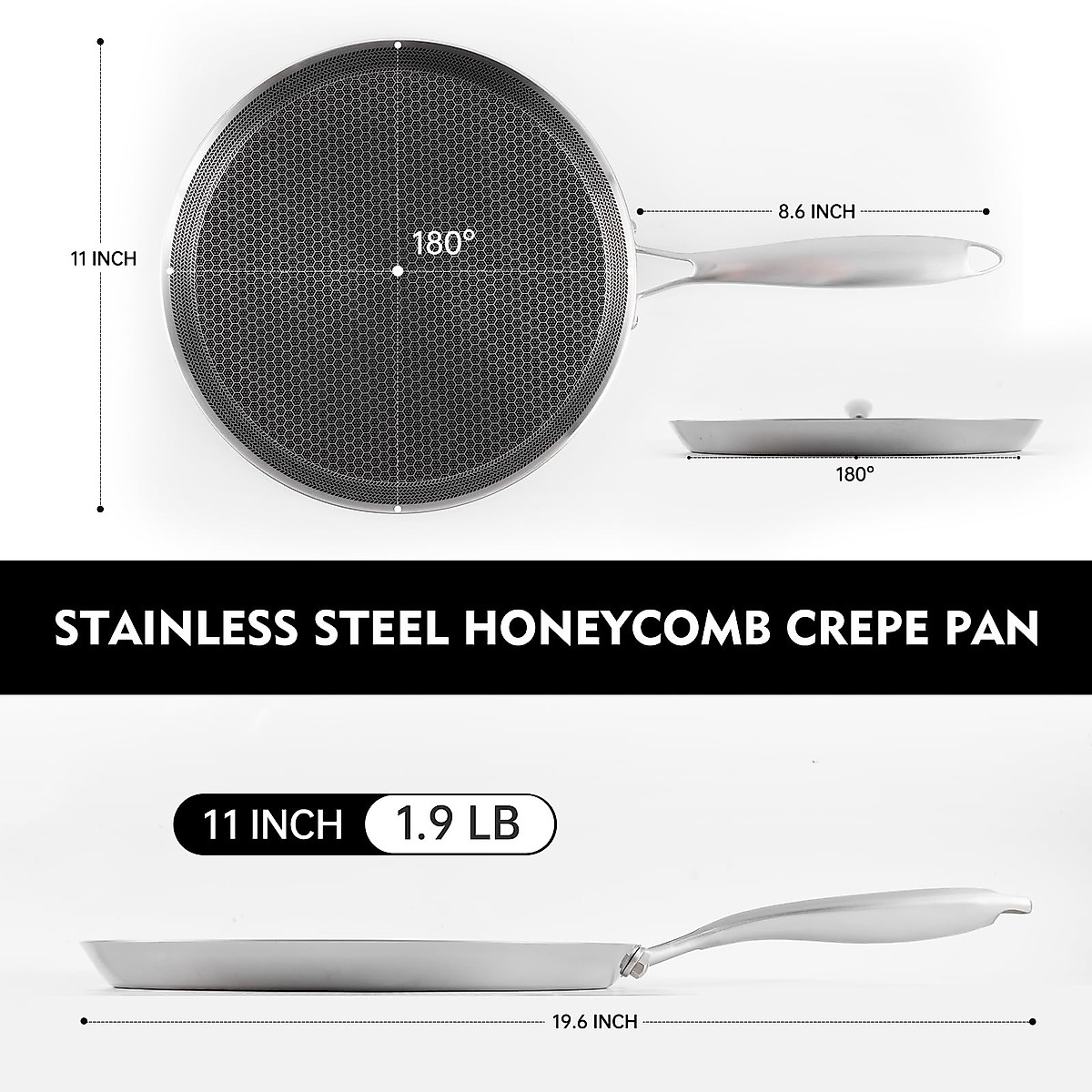 Vegoran Stainless Steel Crepe Pan,11 inch Nonstick Crepe Pan, Coating Flat Skillet Pancake Pan, Non Stick Honeycom Pizza Tawa Dosa Tortilla Griddle Pan, Induction Compatible, PFOA Free (11 Inch)