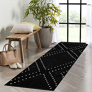 HAOCOO Moroccan Washable Runner Rug, 2’x6’ Modern Geometric Hallway Runner Rug,Woven Cotton Diamond Kitchen Runner Rug Floor Carpet Black Area Rugs for Entryway Bedroom Laundry Room Living Room