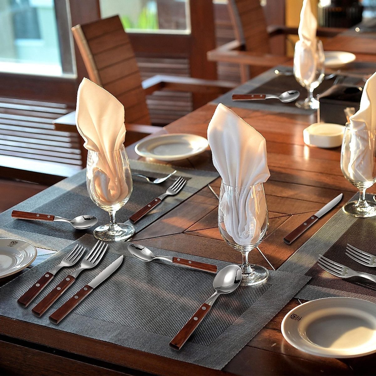 Tanlade 60 Pcs Wooden Handle Silverware Set 18/8 304 Stainless Steel Walnut Handle Flatware Set Reusable Cutlery Set Included Dinner Forks,Salad Forks,Table Knives,Tablespoons,Teaspoons, Serves for 12