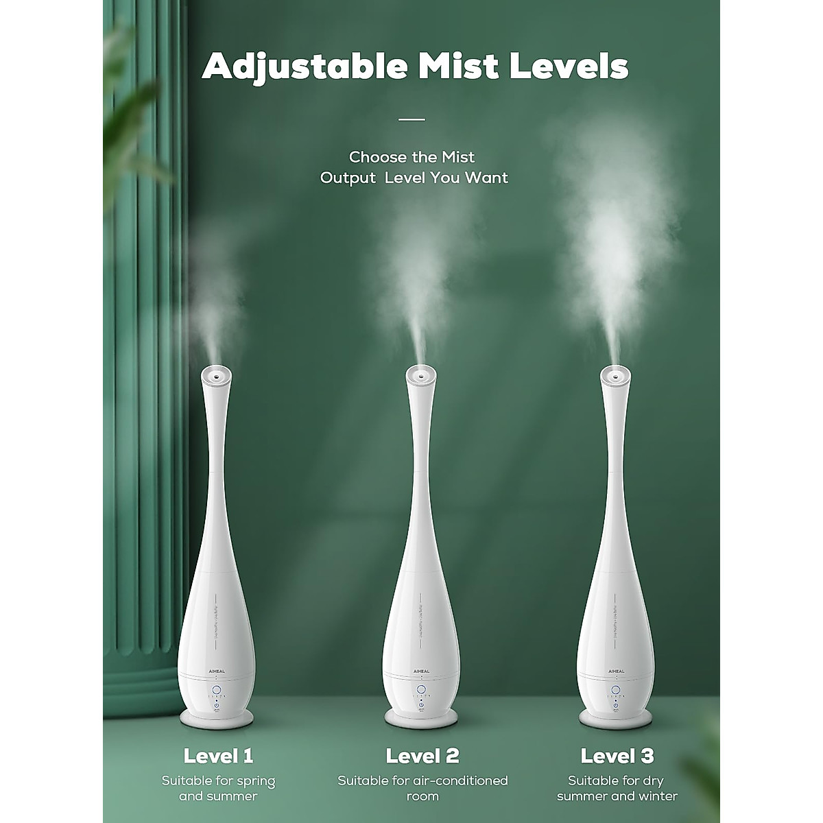 Aiheal Humidifier for Bedroom, 5L Cool Mist Floor Humidifiers for Large Room, Quiet Ultrasonic Humidifier with Smart Humidistat Mode and Essential Oil Diffuser, Baby Humidifiers with Sleep Mode, White