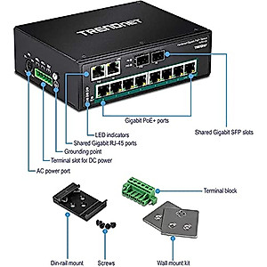 TRENDnet 10-Port Industrial Gigabit PoE+ DIN-Rail Switch, 8 x Gigabit PoE+ Ports, DIN-Rail Mount, 2 x SFP Slots, 240W PoE Power Budget, Network Switch, IP30, QoS, Lifetime Protection, Black, TI-PG102