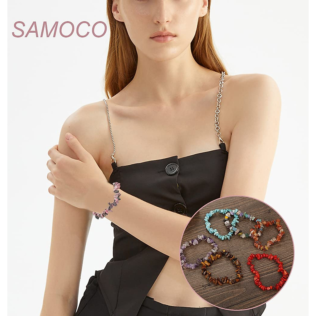 SAMOCO 20 PCS Natural Gemstone Bracelets Chakra Crystal Irregular Chips Beads Stretch Bracelets for Women Align Chakras Promote Communication