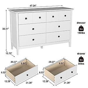 LYNSOM Dresser for Bedroom, Modern White Dresser with Deep Drawers, 6 Drawer Double Dresser with Black Knobs and Solid Wood Legs