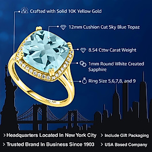 Gem Stone King 10K Yellow Gold Sky Blue Topaz and White Created Sapphire Ring For Women (8.54 Cttw, Cushion 12MM, Gemstone Birthstone, Available In Size 5, 6, 7, 8, 9)