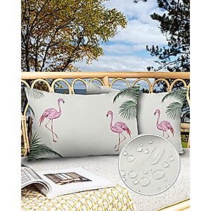 Vandarllin Outdoor Throw Pillows Covers 12X20 Set of 2 Waterproof Pink Flamingo Decorative Zippered Lumbar Cushion Covers for Patio Furniture, Tropical Palm Leaf