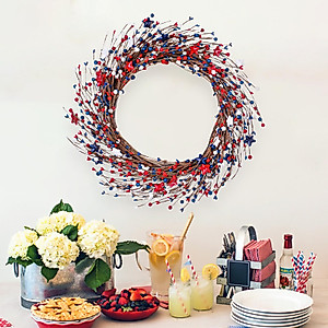 LLZLL 20Inch Patriotic Wreaths for Front Door 4th of July Handmade Red White and Blue Berry Wreath Fourth of July Memorial Day Independence Day Patriotic Wreath for Front Door Decorations