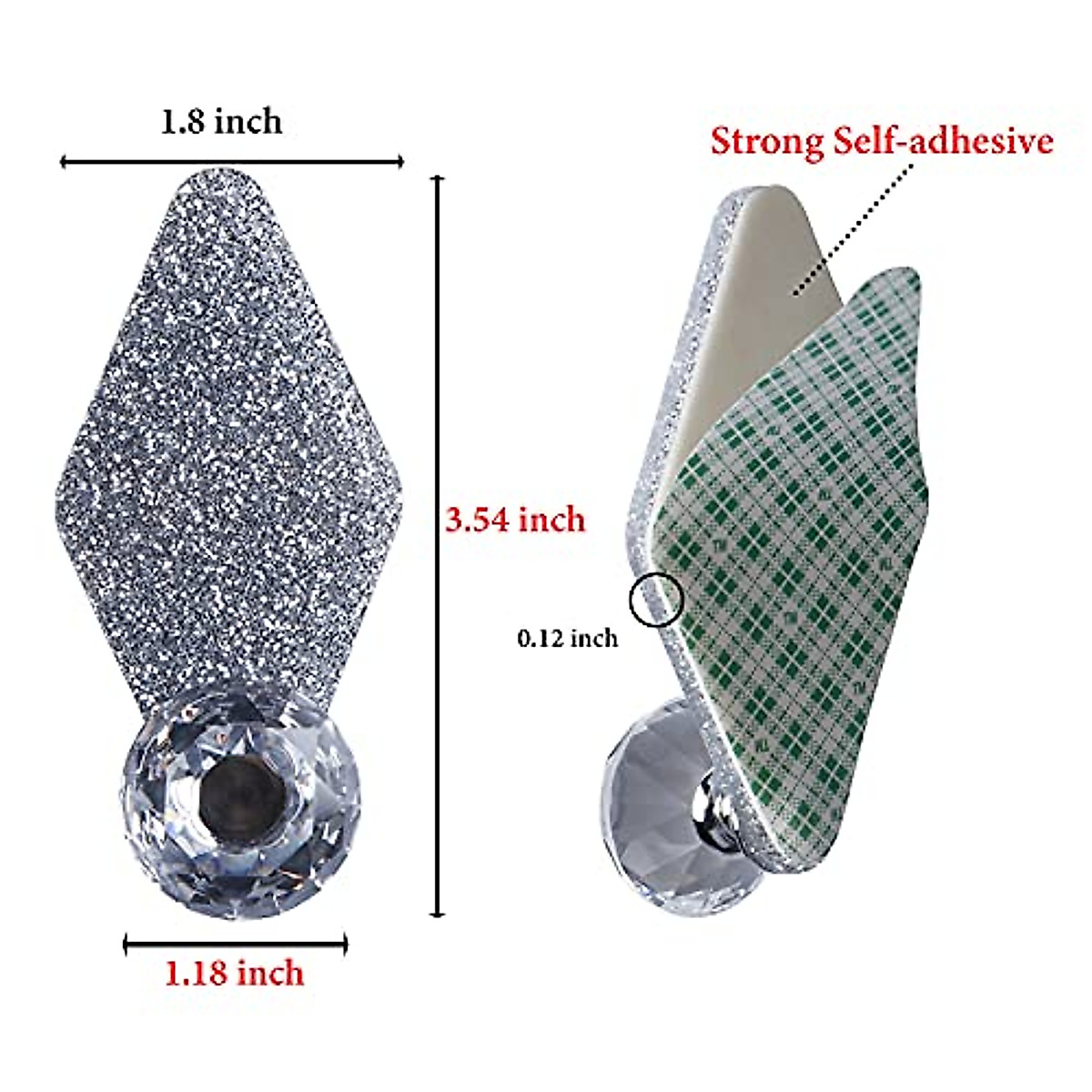 Baoswi 4 Pack Self Adhesive Wall Hooks, Diamond Shaped Crystal Glass Hooks Hat Holder Necklace Holders Wall Mounted Jewelry Organizer Clothes Hooks Hat Storage Hat Rack for Wall (Silver)