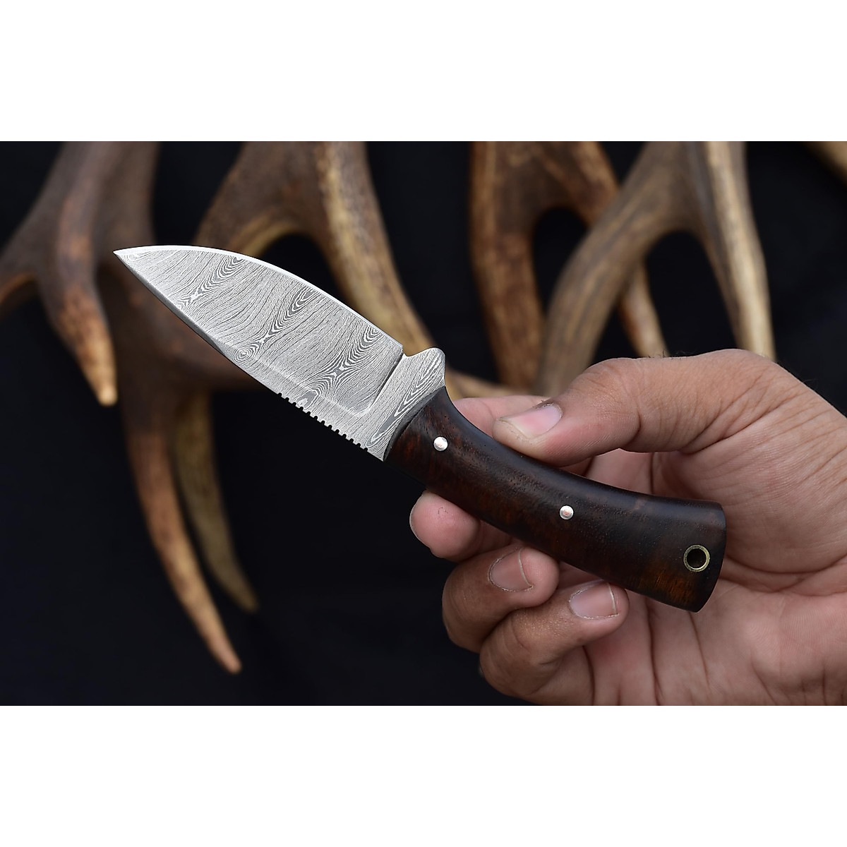 Knives Ranch Fixed Blade EDC Knife with Horizontal Carry Sheath – Small Hunting Knife – Damascus Skinning Knife – Cowboy Knife with Leather Sheath Stabilized Rosewood Handle (4402-IRW)