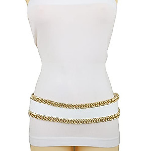 Women White Wide Fashion Belt - Elastic Waistband Gold Metal Chain Links Size S, Silver, One Size