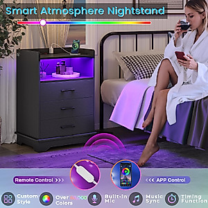 Hasuit Nightstand Set of 2 with Charging Station, LED Lights, 3 Drawers, and Open Storage - Modern Black Bedside Tables