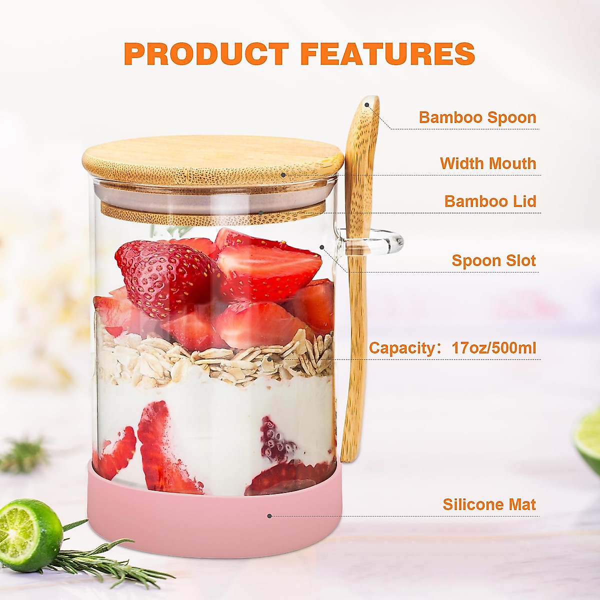 JinhzWin 4 Packs Overnight Oats Containers with Lids, 17 Oz Oats Overnight Glass Jar with Bamboo Spoon, Large Capacity Jars with 4 Colors Silicone Mats for Cereal Fruit Vegetable Yogurt Milk Salad