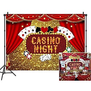 Vinyl 8X6FT Casino Night Poker Dice Red Curtains Photography Backdrop Gold Glitter Bokeh Photo Background Birthday Party Banner Decorations Banner Photo Booths Studio Props Dessert Table