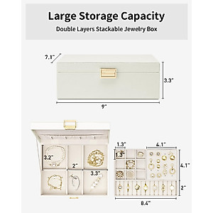Vlando 2 Layer Jewelry Box Large Jewelry Organizer for Women Removable Jewelery Tray for Necklace Earrings Rings Bracelets Jewelry Boxes for Christmas Gifts Wedding Gifts (Cream White)