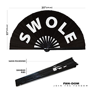 Swole Hand Fan Foldable Bamboo Circuit Rave Hand Fans Slang Words Fan Outfit Party Gear Gifts Music Festival Rave Accessories (Black)