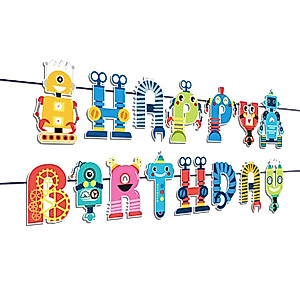 Robot Birthday Party Banner Robots Happy Birthday Banner Cartoon Birthday Sign Baby Shower Photo Props Kids Robot Birthday Party Supplies and Decorations