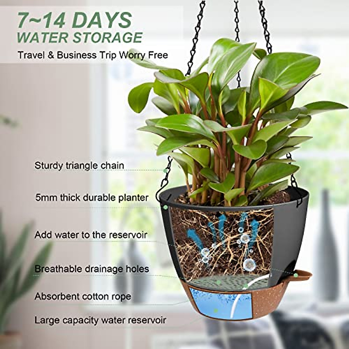 Vanslogreen 10 Inch Hanging Planter, 2 Pack Plant Hanger Indoor Outdoor, Self Watering Plant Pot Hanging Baskets Holder Plants with Drainage Holes & Removable Tray for Garden Home (Black)