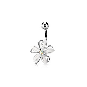 CZ Center Wire Set White Flower 316L Surgical Steel Belly Button Navel Ring (Steel)