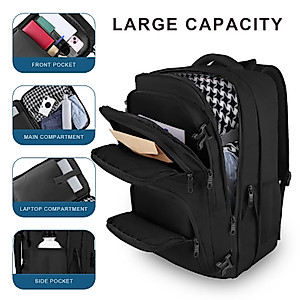 Large Travel Backpack, Carry On Backpack for Airplanes, 17 inch Laptop Backpack for Men, 45L Expandable Waterproof Backpack, Traveling Computer Backpack with USB Port, Teacher Travel Bag, Black