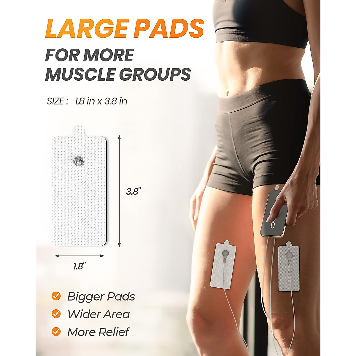 10-Pack TENS Unit Replacement Pads, Rectangular Snap TENS Electrode Pads with self-Adhesion for 50 Times, AVCOO Latex-Free 1.8"X3.8" TENS Pads Compatible with TENS EMS Devices Use 3.5mm Button Leads