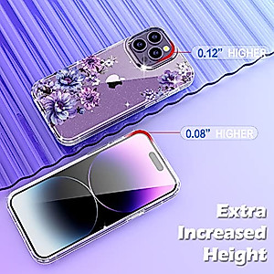 OKP Case [3 in 1] for iPhone 14 Pro, with Screen Protector & Camera Lens Protector, Floral Slim Shockproof Cute Phone Case 6.1 inch 2022 Clear Glitter Protective Cover for Women Girl, (Purple/01)