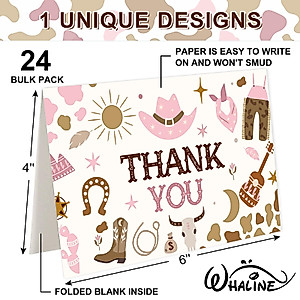 Whaline 24 Pack Western Cowgirl Thank You Cards Pink Brown Greeting Cards with Envelope Stickers Blank Note Cards for Baby Shower Party Supplies, 4 x 6 Inch