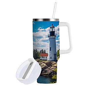 Flradish Lighthouse 30oz Tumbler with Handle and Straw Lid,Leakproof Vacuum Insulated Reusable Stainless Steel Tumbler Travel Mug Fits Cup Holder