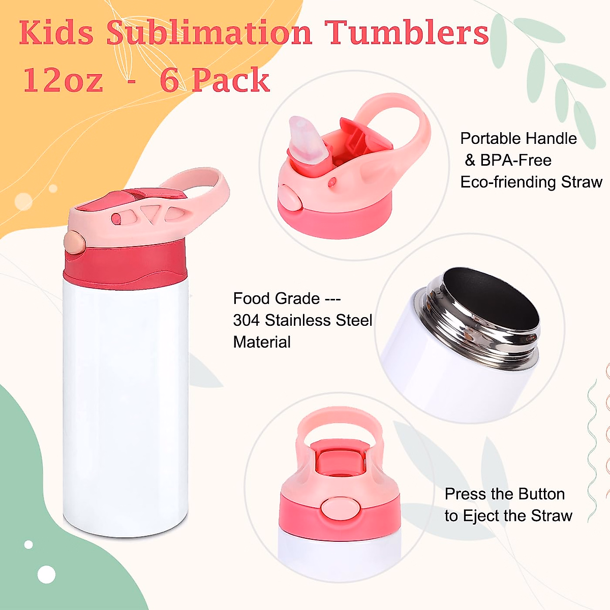 Gekestory Kids Sublimation Tumblers, Sublimation Water Bottle Blanks, 6PACK 12oz Straight Double Wall Kids Sippy Cups, Blank Cups for Heat Transfer, with DIY Stickers Shrink Wrap Rubber Base (6PACK)