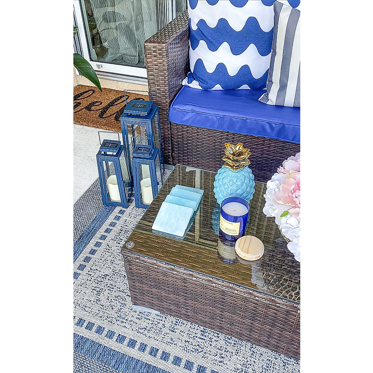Blue Outdoor Candle Lantern - 15 Inch Tall, Solar Powered, Navy Metal with Glass, Waterproof Flameless Pillar Candles, Dusk to Dawn Timer, Flickering LED Lights, Rustic Farmhouse Patio Decor