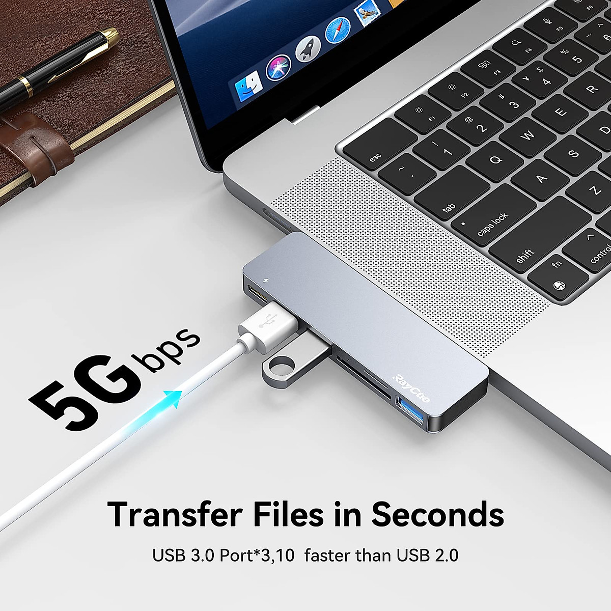 RayCue USB C Hub Adapters for MacBook Pro/MacBook Air M1 M2 M3 2023 2022 2021 2020 2019 13" 14" 15" 16", 6-in-2 Multiport MacBook Adapter with Thunderbolt 3, 3 USB 3.0 Ports, SD/TF Card Reader