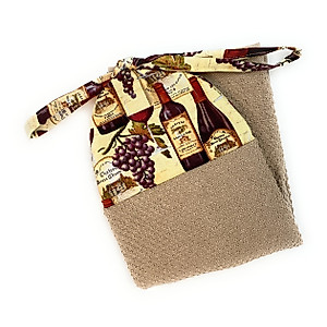 Wine Bottles Glasses and Grapes Ties On Stays Put Tan Kitchen Bathroom Hanging Loop Hand Dish Towel She Who Sews