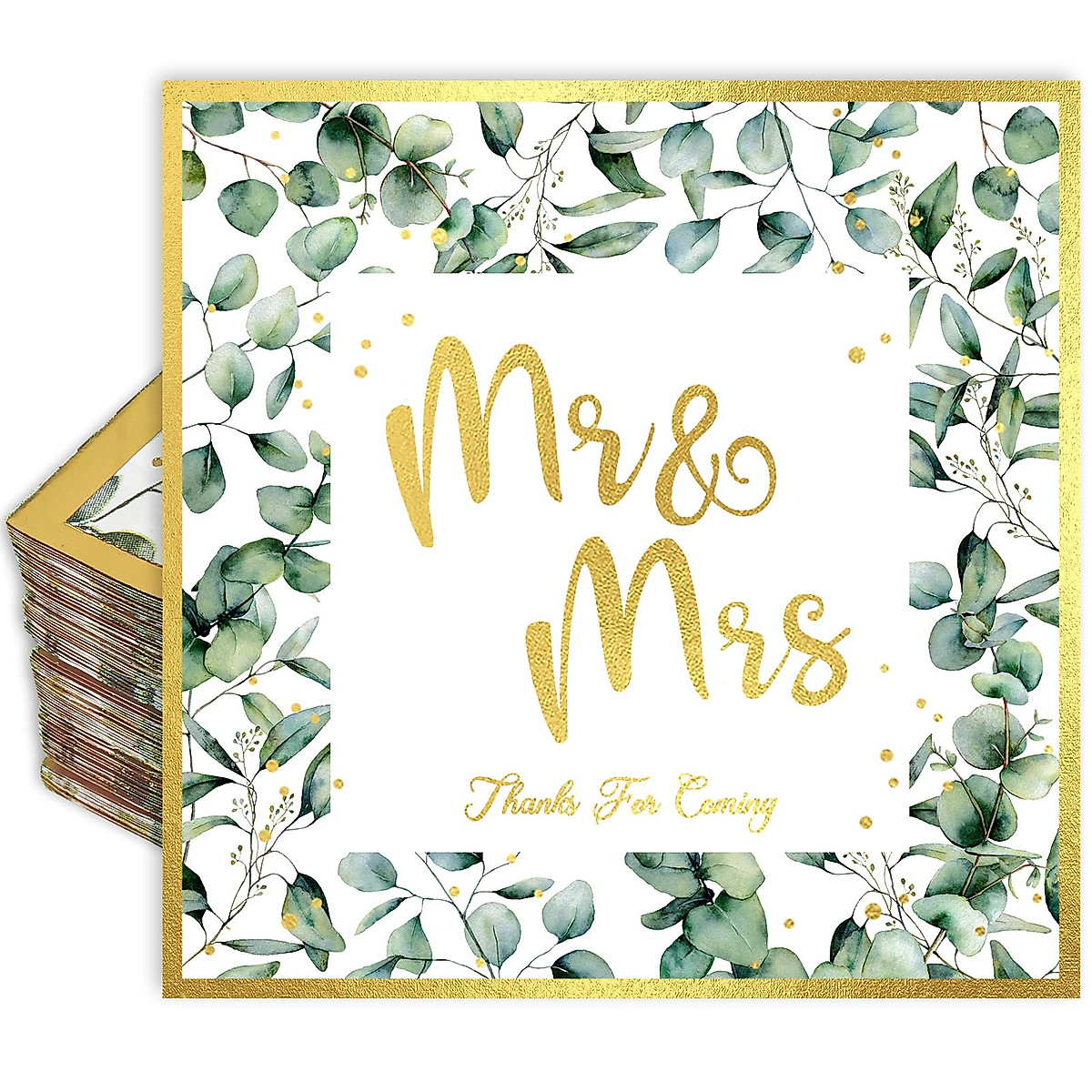 AnyDesign 100 Pack Wedding Napkins 6.5 Inch Greenery Foil Gold Mr & Mrs Luncheon Napkins Eucalyptus Leaves Disposable Decorative Dinner Paper Napkins for Bridal Shower Engagement Wedding Party