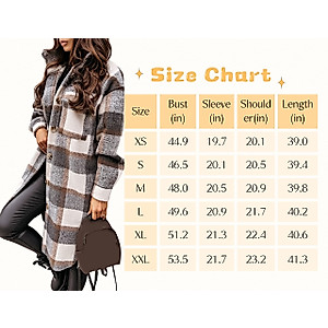 Esmeling Womens Plaid Shacket Brushed Flannel Shirt Jacket Mid Long Wool Blend Tartan Coat(0001-DarkGrey-M)