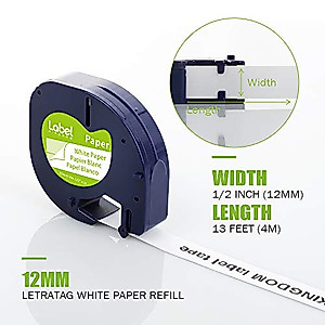 Label Kingdom Label Tape Replace for DYMO LetraTag White Paper Refill 91330 10697, 1/2" x 13' 12mm x 4m Black on White Label Maker Tape for dymo Letra Tag LT-100H Plus Printer, 5-Pack