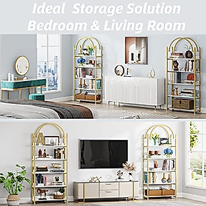 Tribesigns 5-Shelf Gold Etagere Bookcase, Modern Metal Open Arched Bookshelf, 72 Inches Tall Gold Shelves for Living Room, Bedroom(1, White+Gold)
