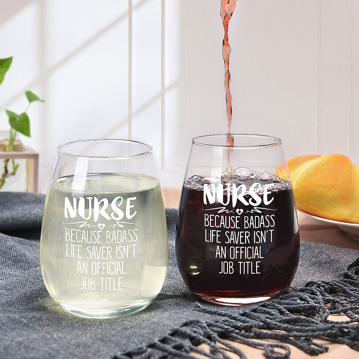 Nurse Because Badass Life Saver, 15 Oz Stemless Wine Glass, Nurse Gift for Nurse Practitioner Women Men Graduation Birthday Week Nurse Inspirational Appreciation Christmas, Funny Nurse Wine Gift