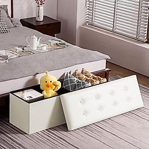 YOUDENOVA 43 Inches Folding Storage Ottoman Bench, Ottoman with Storage Footrest for Living Room, Bed End Bench Chest Seat with Divider, Faux Leather White