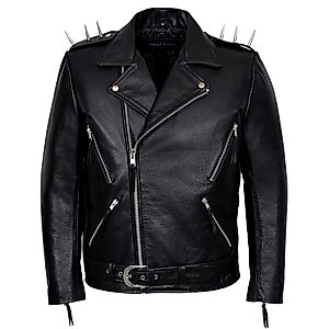 Black Metal Spikes Brando Jacket Men Motorcycle Cowhide Leather Jacket Genuine Leather Jacket
