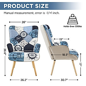 Fahomiss Accent Chair, Living Room Chair, Modern High Back Armchair, Colorful Patchwork Reading Chairs for Bedroom, Lounge Chair with Linen Fabric Shell and Solid Wood Feets (1, Blue)