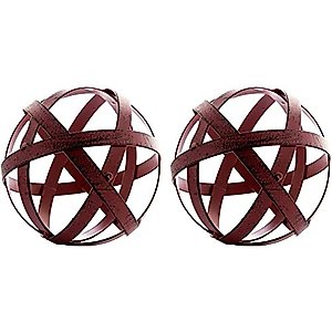 Everydecor Decorative Sphere Set of 2 - Distressed Red Metal Bands Sculpture - Modern Home Decor Accents - Tabletop Decorations for Living Room, Kitchen, Bedroom - Centerpiece for Side Coffee Tables