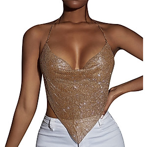 RARITYUS Women Sexy Shiny Rhinestone Tank Top Deep V Neck Chain Crop Top Shirt for Night Club Party Rave Outfit (Beige)