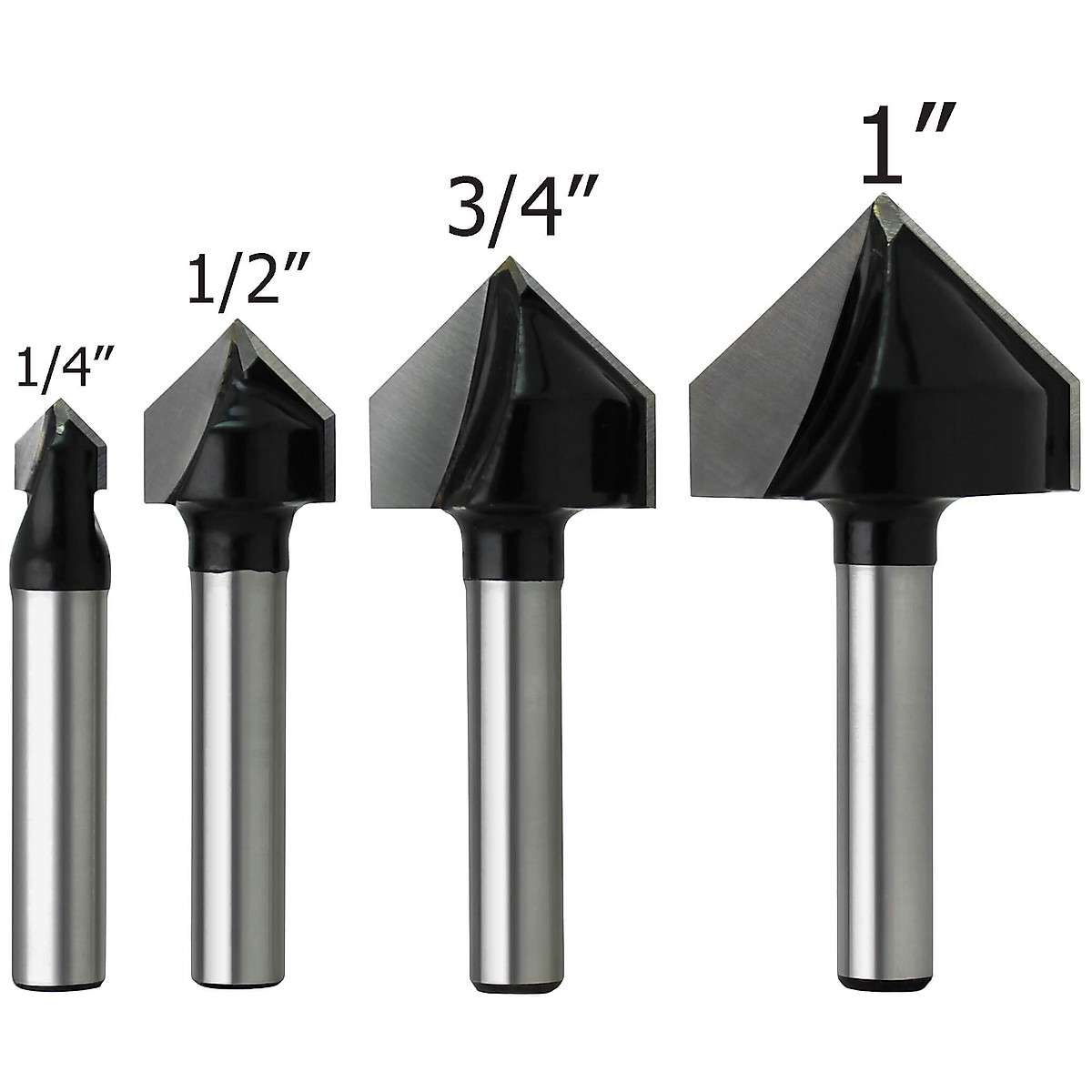 Align Carbide, 4-Piece 90 Degree V Groove Router Bits, 1/4 Inch Shank, Carbide Tipped, CNC Engraving Bit, Woodworking Chamfer Bevel Cutter, CNC Router Pro-Series.