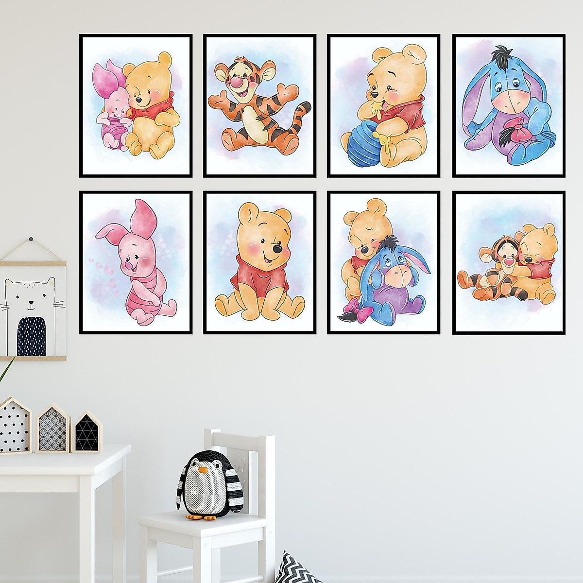 BigWig Prints Winnie the Pooh Nursery Decor - Winnie the Pooh Wall Art, Baby Nursery Wall Decor, Childrens Poster Prints for Classroom, Piglet Tigger Rabbit Eeyore Gifts - Unframed Set of 8 (8x10)