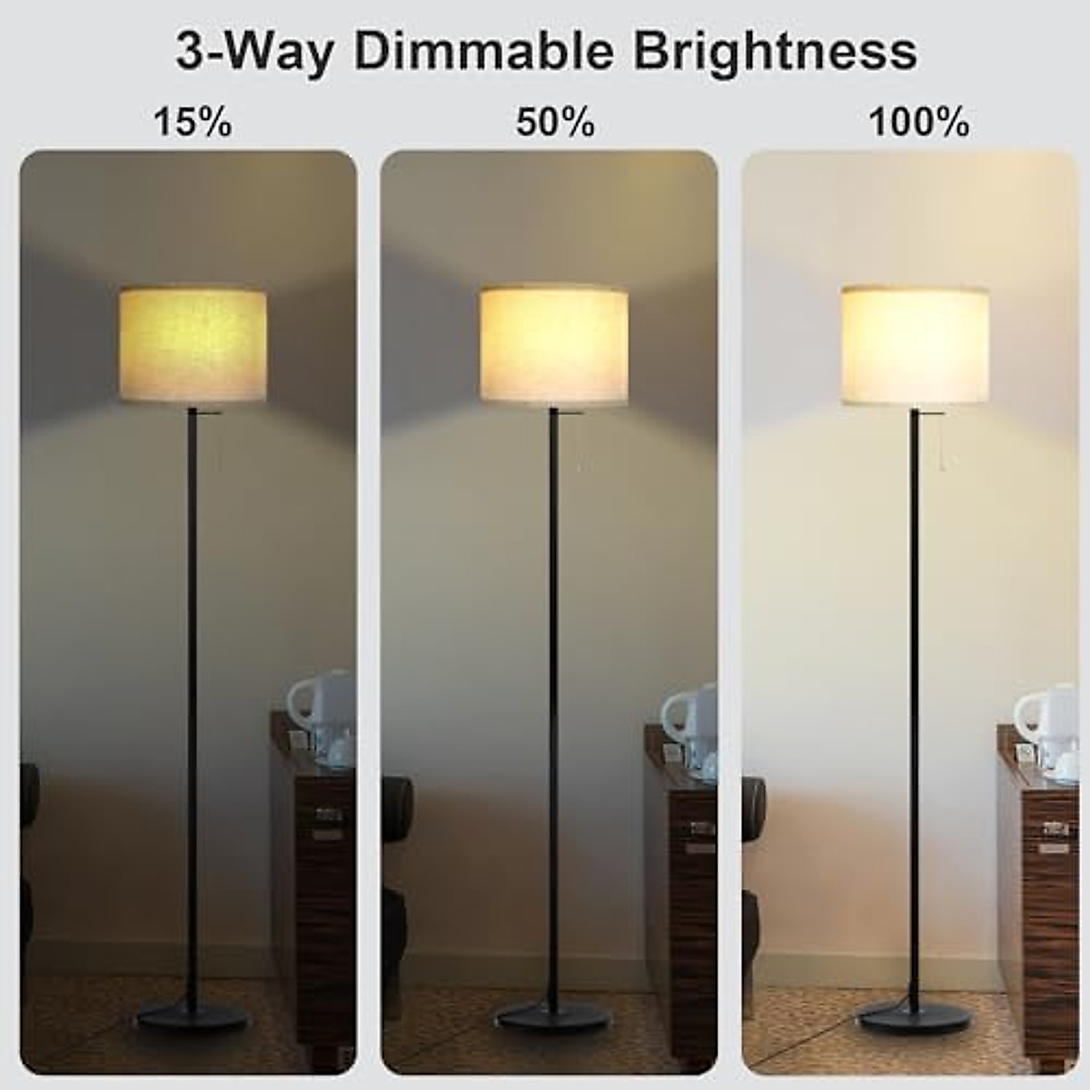 Modern Floor Lamp for Living Room Traditional Farmhouse Floor Lamps Mid-Century Pole Lamp with Linen Lamp Shade, Standing Tall Floor Lamps for Bedrooms and Office (Black+Metal Pole)