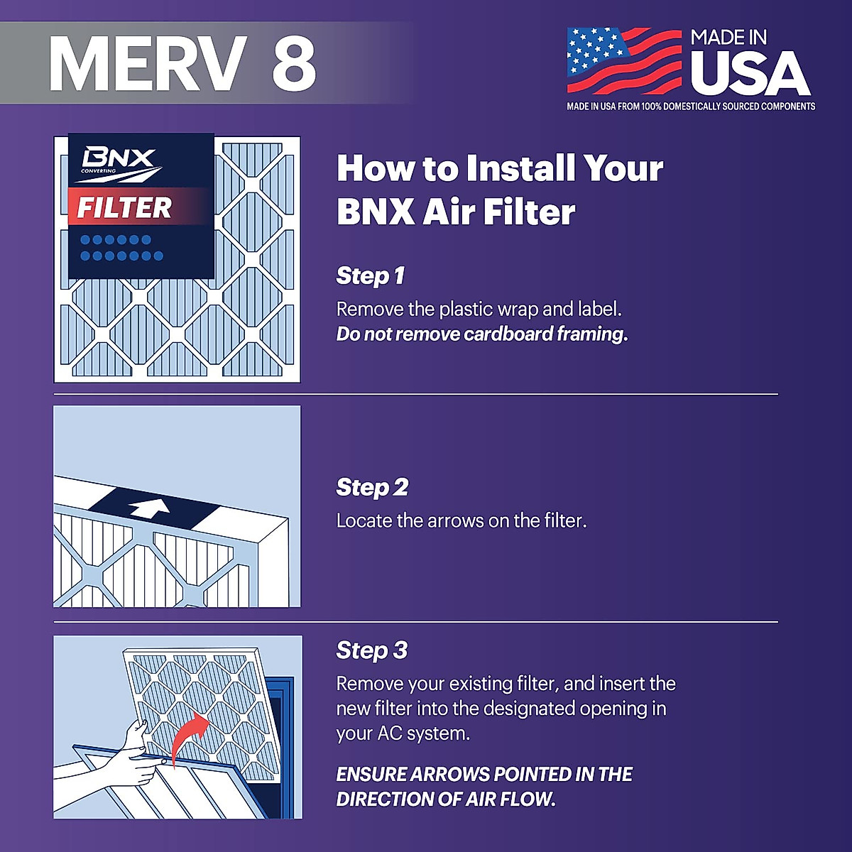 BNX TruFilter 20x25x1 Air Filter MERV 8 (6-Pack) - MADE IN USA – Dust & Pet Defense Electrostatic Pleated Air Conditioner HVAC AC Furnace Filters for Dust, Pet, Mold, Pollen MPR 600 – 700 & FPR 5