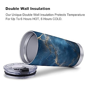 DuduYH 20 Oz Tumbler Travel Cup Elegant Blue Marble Textures Water Bottle, Stainless Steel Vacuum Insulated Coffee Mug with Straw Lid And Cleaning Brush