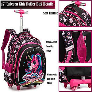 Egchescebo School Bags Kids Rolling Unicorn Backpack for Girls Luggage Suitcase With Wheels Trolley Wheeled Backpacks Travel Bags 3PCS Cat Backpack With Lunch Box Red…