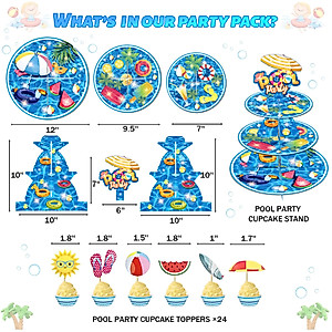 25 PCs Pool Cupcake Stand 3-Tier and Pool Cupcake Topper Set, Fiesec Pool Theme Summer Beach Ball Swimming Hawaii Party Supplies Cardboard Dessert Tower Holder Round Serving Stand Holder